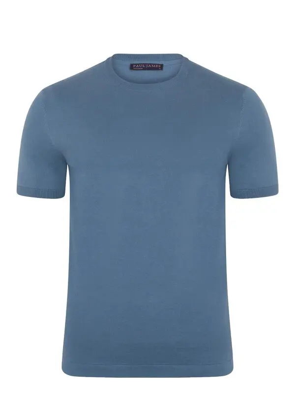 PAUL JAMES KNITWEAR Ultra-fine Cotton Hugo Knitted T-shirt Bluestone - Blue