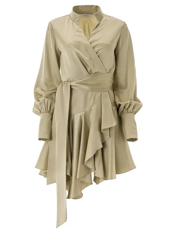 LITA COUTURE Ruffle Hem Silk Wrap Dress - Green