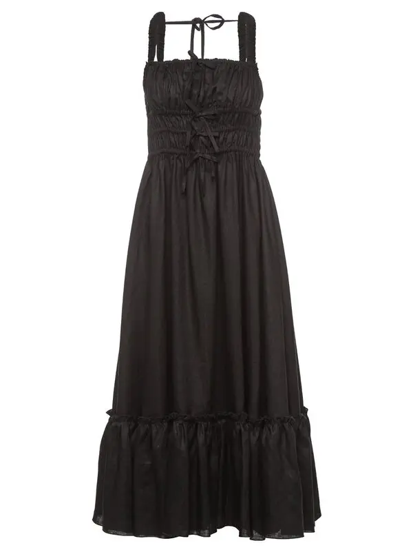 VASILIKI ATELIER Amara Ruched Midi Linen Dress - Black