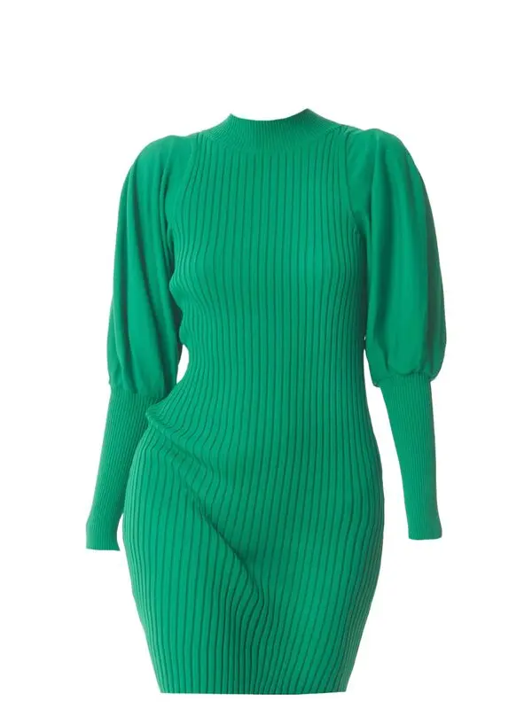 SOUR FIGS Funnel Neck Puff Sleeve Knit Dress - Green