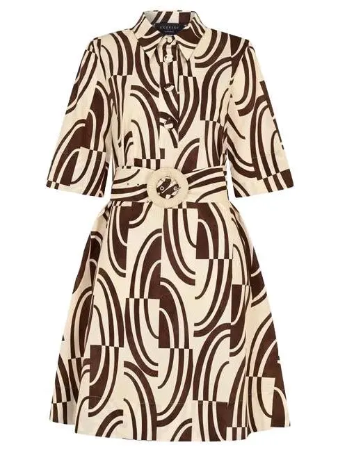 EXQUISE Abstract Print Belted Shirt Dress - Brown
