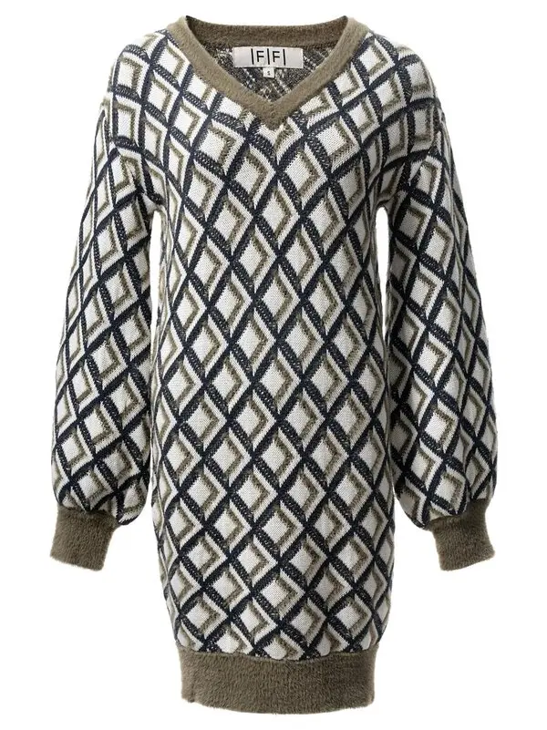 FULLY FASHIONING Diamond Jacquard Knit Tunic Dress - Green