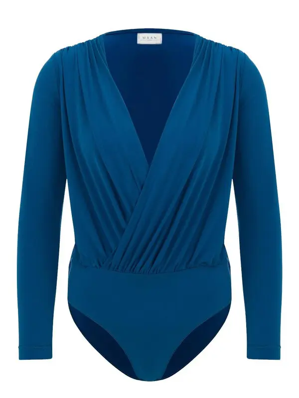 MAAN ISTANBUL Deep V-neck Long Sleeve Bodysuit - Blue