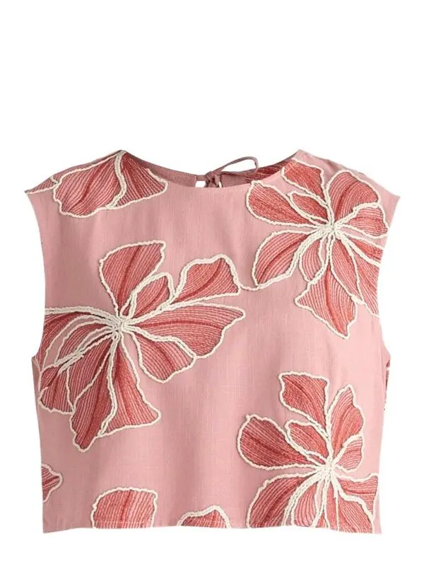 PAISIE Floral Embroidered Linen-viscose Cropped Top - Pink