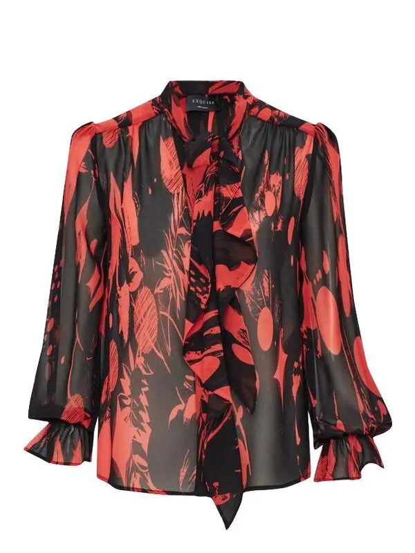 EXQUISE Patterned Tie-neck Chiffon Blouse - Red