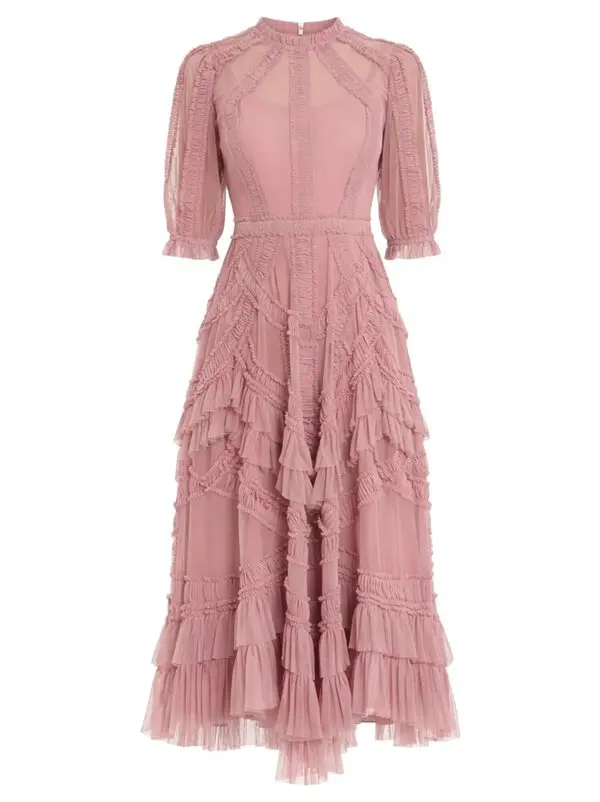 Mac Duggal High Neck Puff Sleeve Tiered Midi Dress - Pink