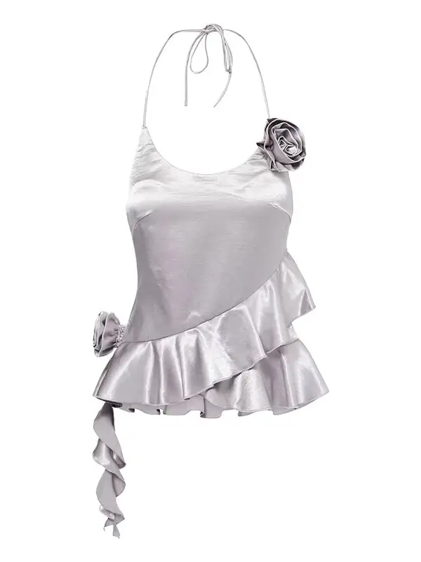 AMY LYNN Satin Ruffle Top With Rose Appliqu - Grey/silver