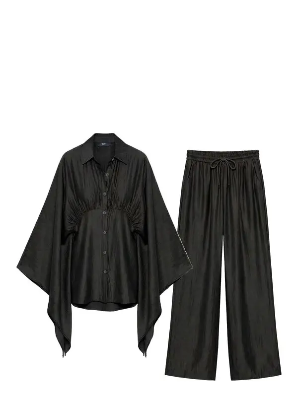 CY BOUTIQUE Satin Cape-sleeve Shirt And Wide-leg Trouser Co-ord - Black