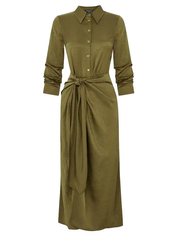 EXQUISE Slim Fitted Midi Shirt Dress With Belt - Green