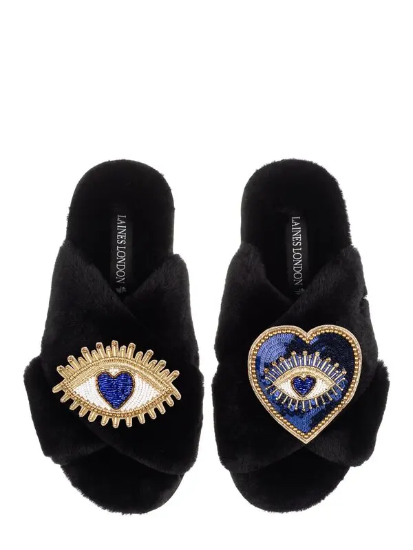 LAINES LONDON Classic Slippers With Brooches - Black