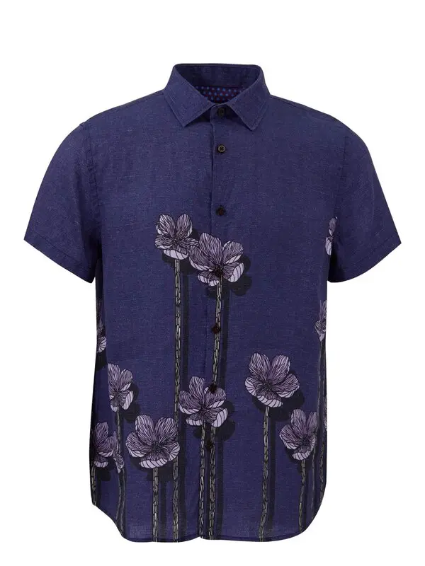 LORDS OF HARLECH Landon Crafty Floral Linen Shirt Navy - Blue