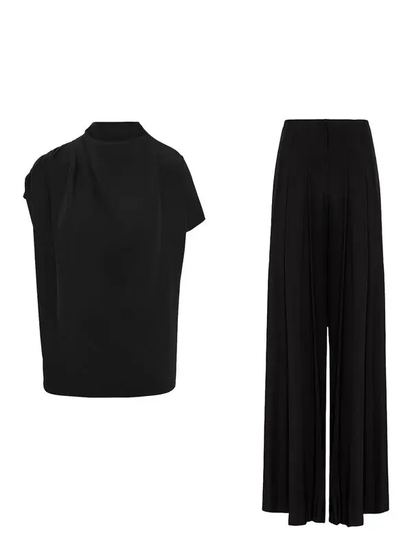 BLUZAT Draped Top And Pleated Pants Set - Black