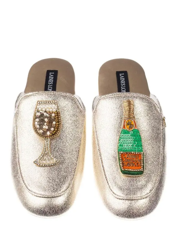 LAINES LONDON Classic Mules With Champagne Brooches - Gold