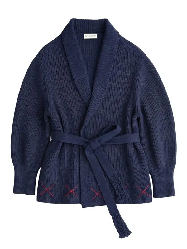 REN CORDEZA Hand Embroidered Shawl Collar Knit Cardigan - Blue