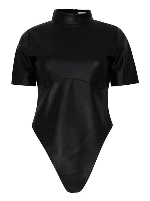 CIRCULAR PATH High Neck Vegan Leather Bodysuit - Black
