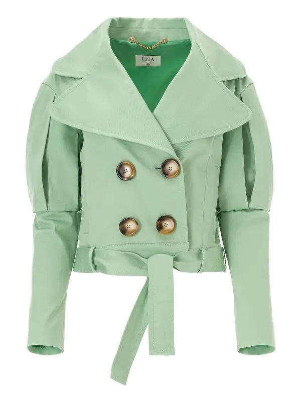 LITA COUTURE Belted Cotton Jacket With Oversized Lapels - Green