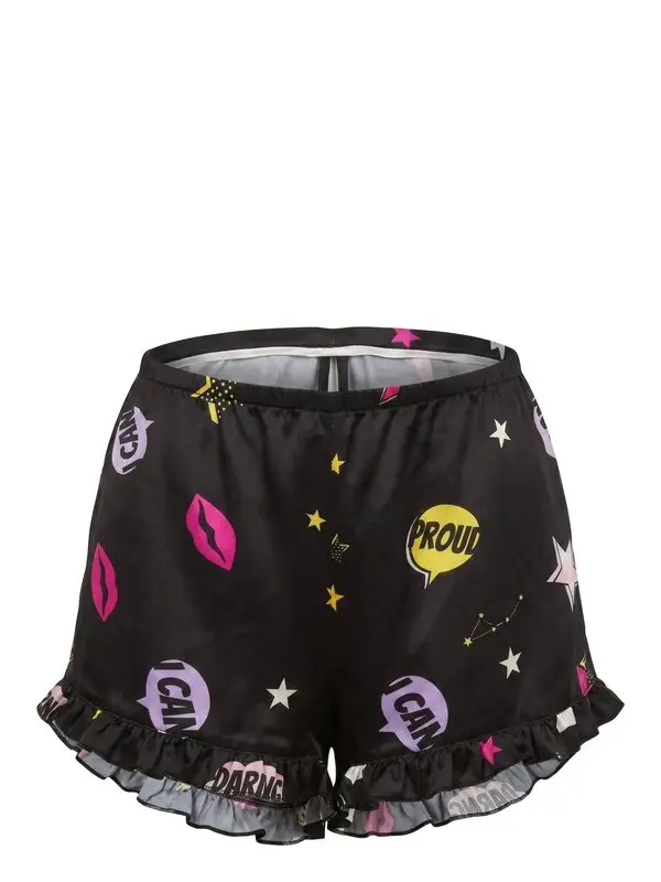 FAVETTE Fragile Like A Bomb" Silk Shorts With Graphic Print And Ruffle Hem - Black