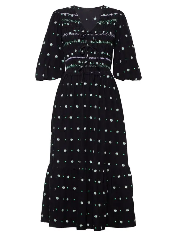 ROSE & NANCY Embroidered Cord Polka Dot Maxi Dress - Black