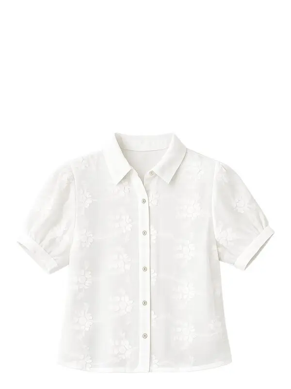 YUMI Cotton Flower Applique Shirt - White