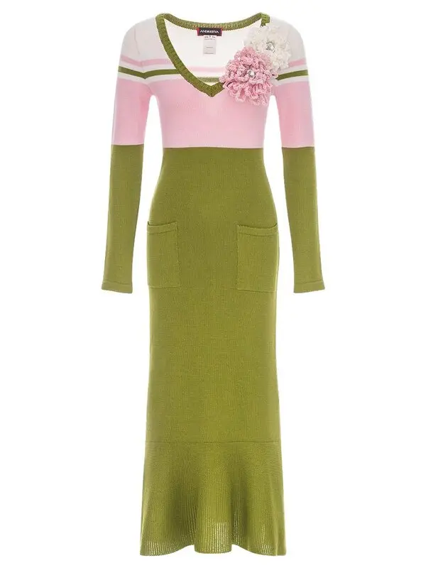 ANDREEVA Chrysanthemum Knit Midi Dress With Swarovski Details - Green