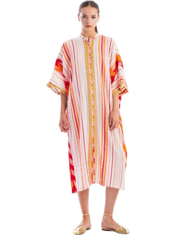 Haris Cotton Embroidered Cotton Kaftan With Lace Inserts - Orange/white/red