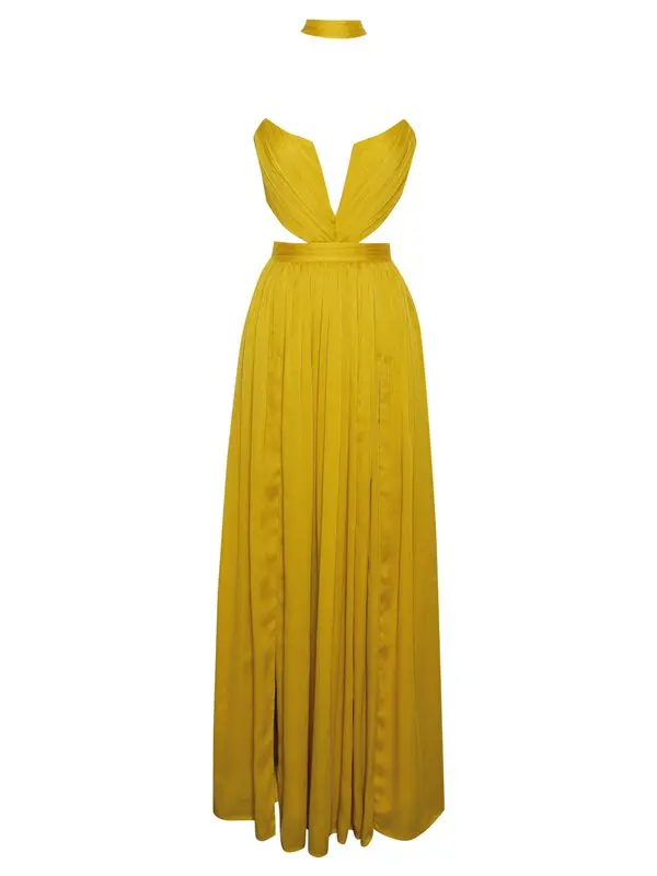 MISS CIRCLE NEW YORK Xella Pleated Chiffon Maxi Dress - Yellow