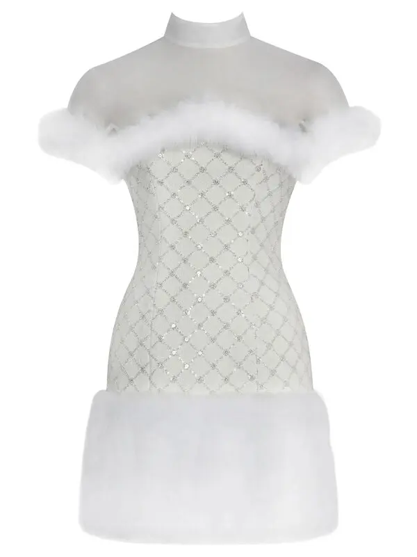 MISS CIRCLE NEW YORK Bouclé Mini Dress With Fur Trim - White