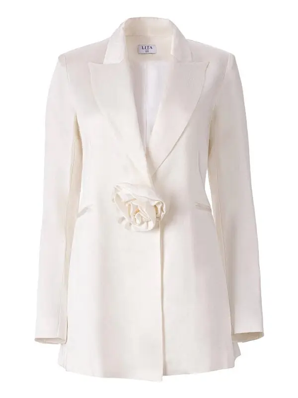 LITA COUTURE Rosette Appliqué Linen Blazer - White