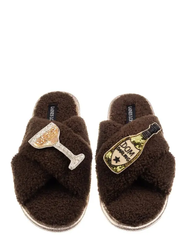 LAINES LONDON Boucle Slippers With Champagne Brooches - Brown