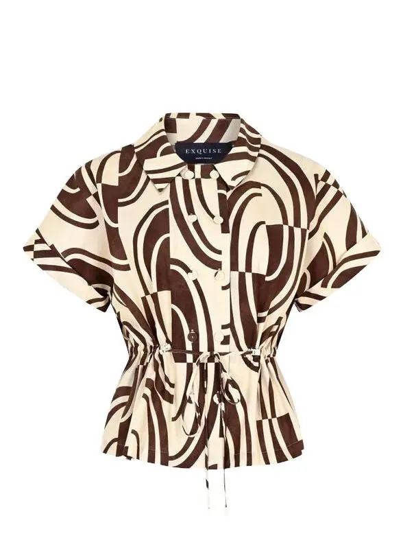 EXQUISE Abstract Print Cotton Shirt With Lace-up Detail - Brown