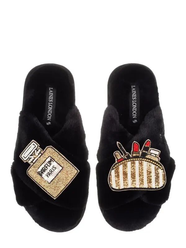 LAINES LONDON Faux Fur Slippers With Brooches - Black