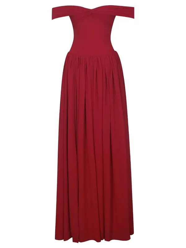 MISS CIRCLE NEW YORK Georgette Bardot High-slit Maxi Dress - Red