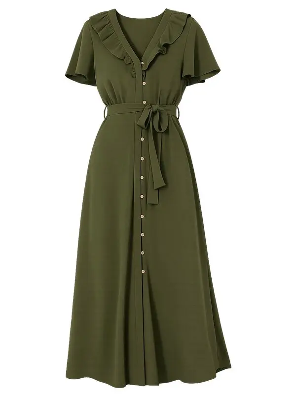 YUMI Ruffle Collar Midi Shirt Dress - Green