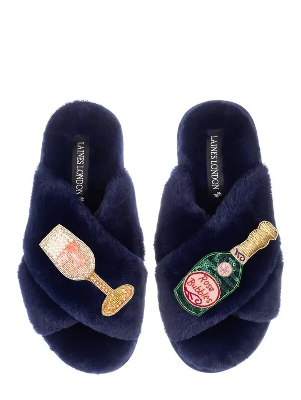 LAINES LONDON Classic Laines Slippers With Champagne Brooches - Blue
