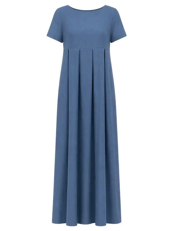 NIKKA PLACE Maxi Linen Maternity Dress With Short Sleeves - Blue