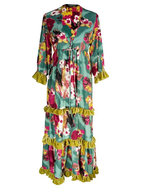 JENNAFER GRACE Floral Print Velvet Ruffle Maxi Dress - Yellow/green