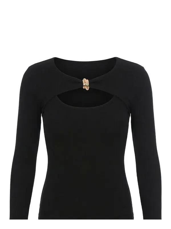 MONLICIA Long Sleeve Cutout Top With Gold Detail - Black