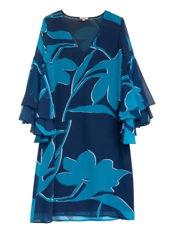 NIZA Long Sleeve Tropical Floral Print Midi Dress - Blue