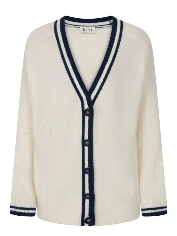 LOOP CASHMERE Striped Tipped V-neck Lofty Cardigan - White