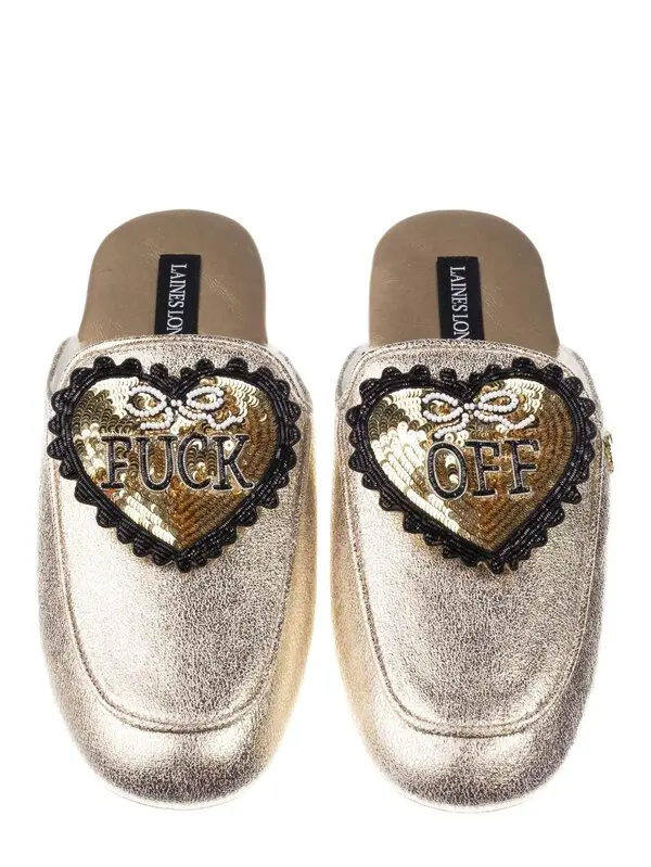 LAINES LONDON Classic Mules With Heart Brooches - Gold