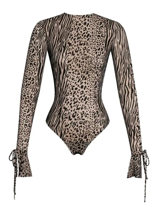 MISS CIRCLE NEW YORK Animal Print Burnout Velvet Bodysuit - Brown