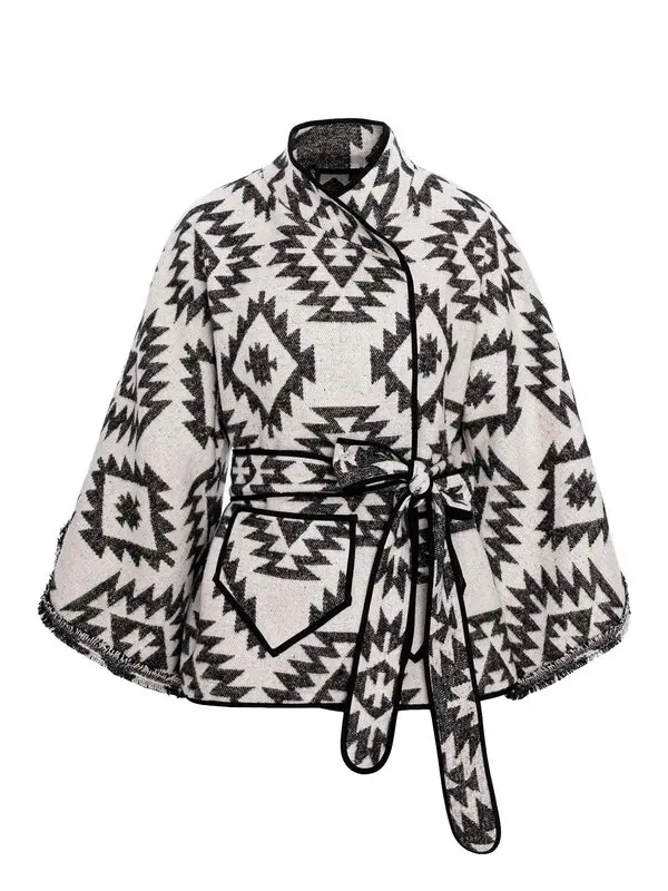 IZABELA MANDOIU Wrap-front Cape With Geometric Pattern - Black/white