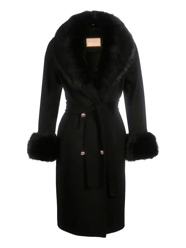 SANTINNI Cashmere & Wool Coat With Faux Fur - Black