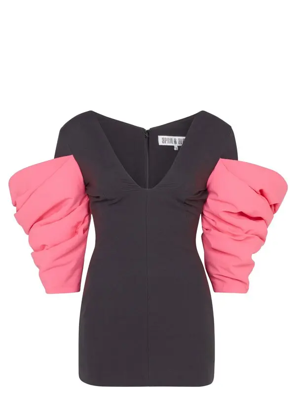 APRIL & ALEX Fitted Mini Dress With Puff Sleeves - Grey/pink