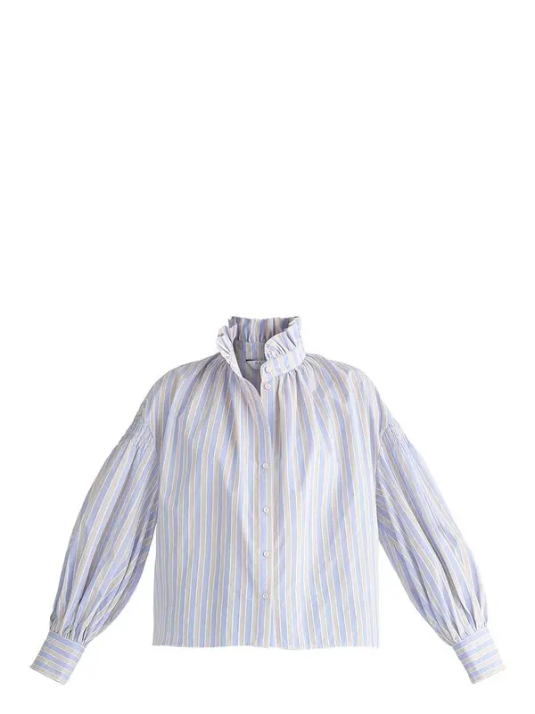 PAISIE Striped Puff Sleeve Shirt With Ruffle Collar - Blue