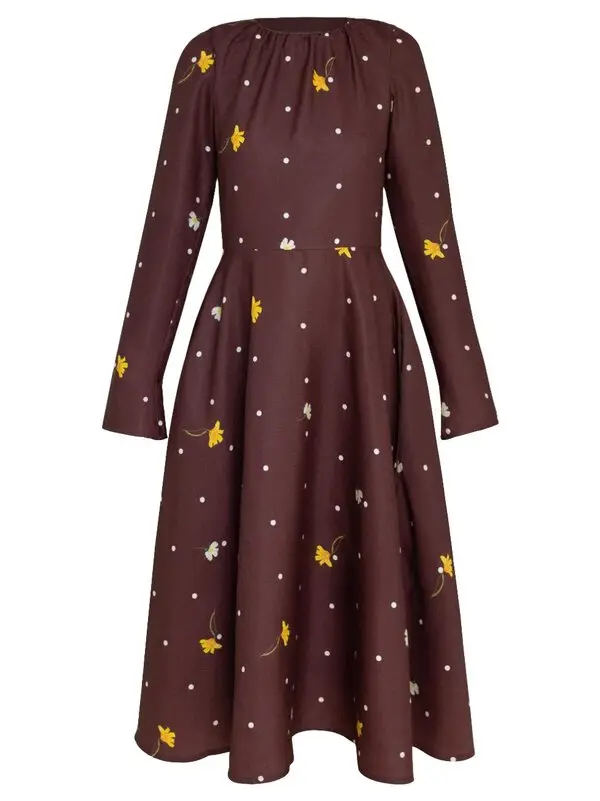 RAINSISTERS Fit & Flare Long Sleeve Midi Dress - Brown