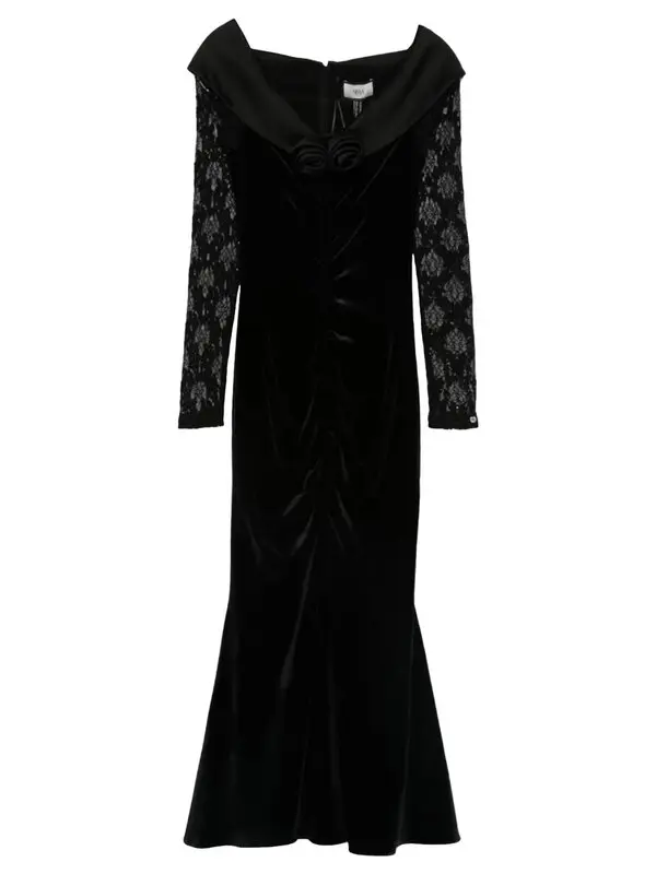 NISSA Floral-appliqué Velvet Midi Dress - Black