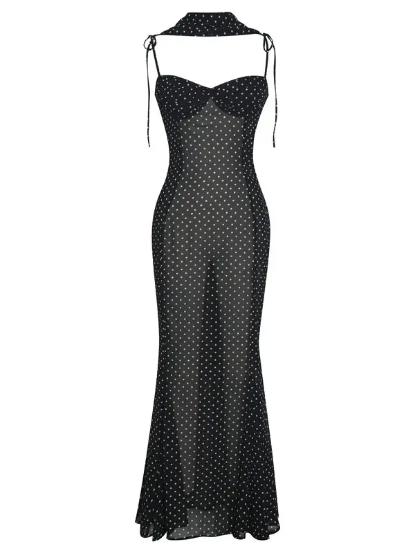 MISS CIRCLE NEW YORK Polka Dot Chiffon Maxi Dress With Scarf - Black