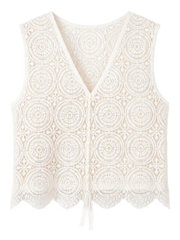 YUMI Crochet Lace Tie Waistcoat - White