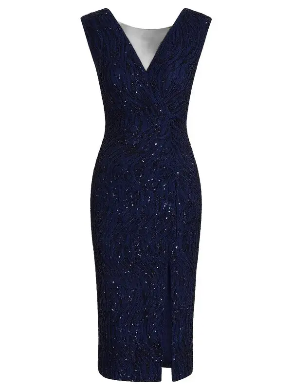 YUMI Sequin Fitted Wrap Midi Dress - Blue